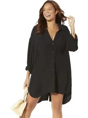SWIMSUITS FOR ALL High-low Button Front Cover Up Shirt - Black