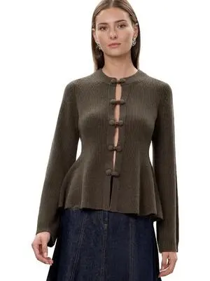 Rebecca Taylor Rhea Knit Peplum Cardigan - Marled Olive