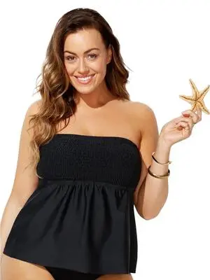 SWIMSUITS FOR ALL Smocked Bandeau Tankini Top - Black