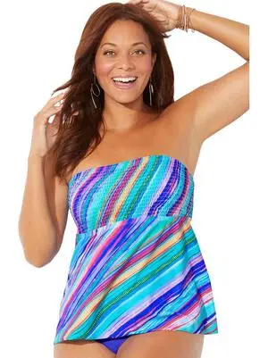SWIMSUITS FOR ALL Smocked Bandeau Tankini Top - Electric Stripe