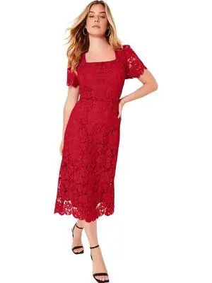 JUNE + VIE Square-Neck A-Line Lace Midi Dress Classic Red