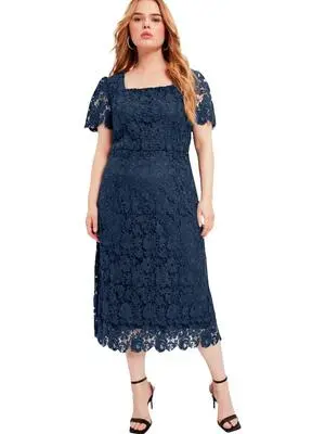 JUNE + VIE Square-neck A-line Lace Midi Dress - Navy