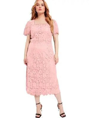 JUNE + VIE Square-neck A-line Lace Midi Dress - Soft Blush