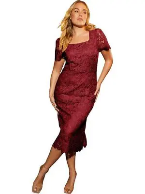 JUNE + VIE Square-Neck A-Line Lace Midi Dress Zinfandel