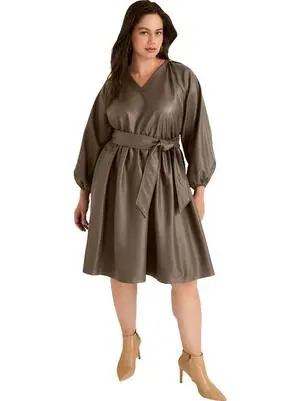 JUNE + VIE Faux Leather V-neck Mini Dress With Belted Waist And Gathered Sleeves - Cocoa