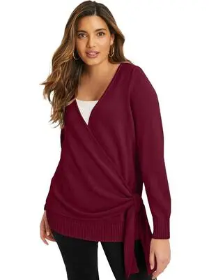 JUNE + VIE Wrap-Front Cardigan Merlot