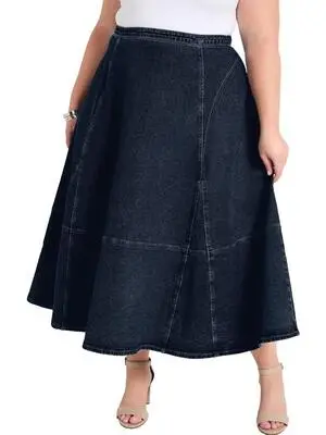 JUNE + VIE Fit-and-flare Denim Midi Skirt - Dark Rinse