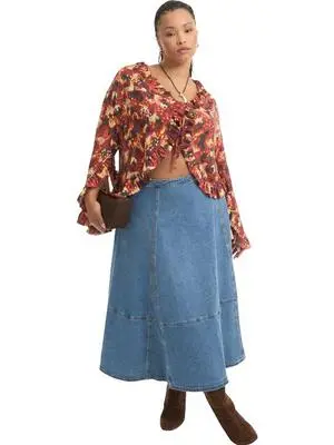 JUNE + VIE Fit-and-flare Denim Midi Skirt - Vintage Medium Wash