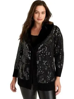 JUNE + VIE Sequin Button-Up Sweater With Faux-Fur Collar Black Onyx