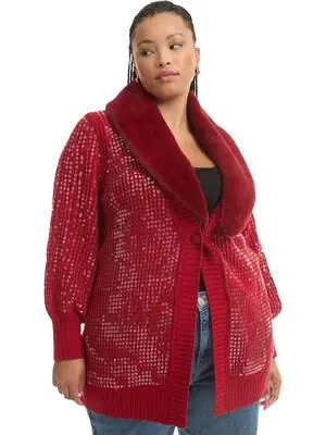 JUNE + VIE Sequin Button-Up Sweater With Faux-Fur Collar Bold Red