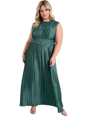 JUNE + VIE Boatneck Plisse Cap-sleeve Maxi Dress - Blue Spruce