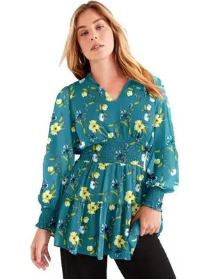 JUNE + VIE Smocked Georgette Tunic Oasis Garden Print
