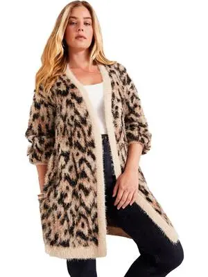 JUNE + VIE Leopard-Print Eyelash Cardigan Oatmeal Jacquard Animal