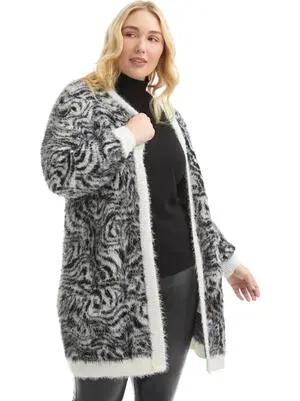 JUNE + VIE Leopard-print Eyelash Cardigan - Painted Zebra Black White