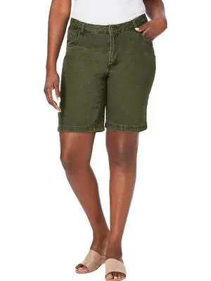 JESSICA LONDON Classic Cotton Denim Shorts - Dark Olive Green