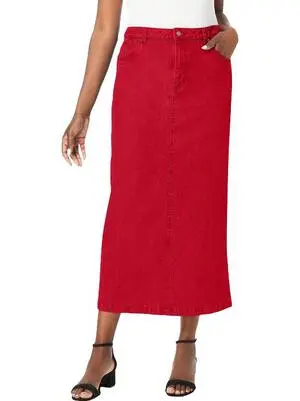 JESSICA LONDON Classic Cotton Denim Midi Skirt - Classic Red