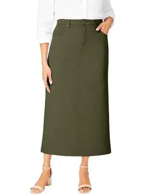 JESSICA LONDON Classic Cotton Denim Midi Skirt - Dark Olive Green