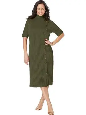 JESSICA LONDON Button-front Sweater Dress - Dark Olive Green