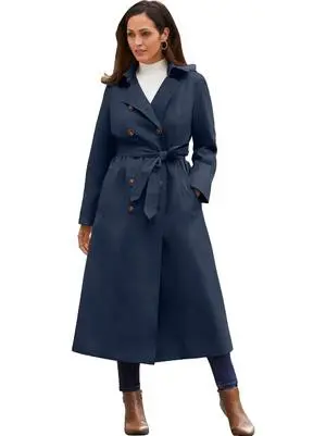 JESSICA LONDON Double Breasted Long Trench Raincoat With Detachable Hood - Navy