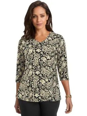 JESSICA LONDON Stretch Cotton V-neck Tee - Black Bold Paisley