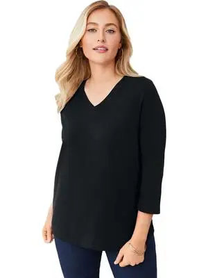JESSICA LONDON Stretch Cotton V-neck Tee - Black