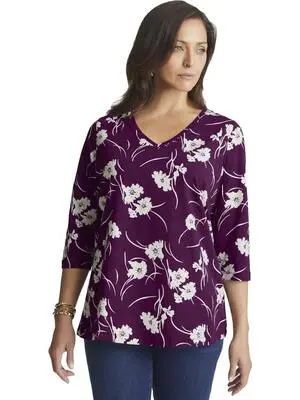 JESSICA LONDON Stretch Cotton V-neck Tee - Dark Berry Tossed Floral