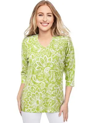 JESSICA LONDON Stretch Cotton V-Neck Tee Dark Lime Scroll Medallion