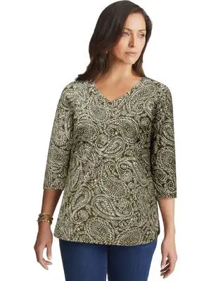JESSICA LONDON Stretch Cotton V-neck Tee - Dark Olive Delicate Paisley