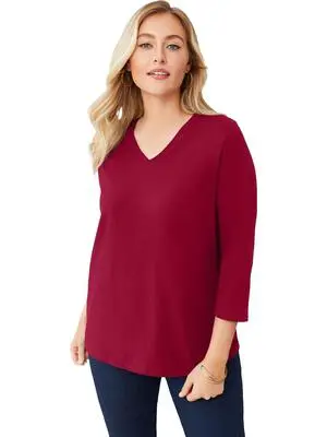 JESSICA LONDON Stretch Cotton V-neck Tee - Rich Burgundy