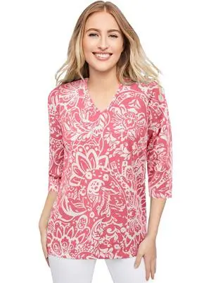 JESSICA LONDON Stretch Cotton V-Neck Tee Tea Rose Scroll Medallion