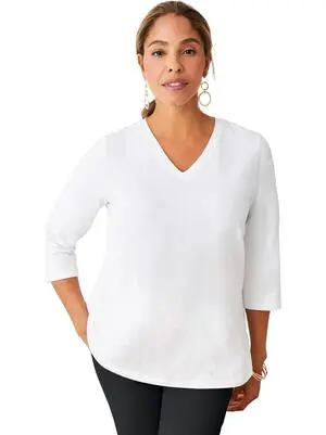 JESSICA LONDON Stretch Cotton V-neck Tee - White