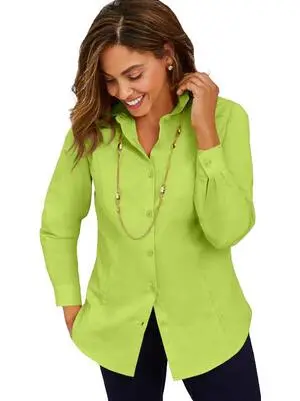 JESSICA LONDON Stretch Cotton Poplin Striped Button-down Shirt - Dark Lime