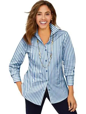 JESSICA LONDON Stretch Poplin Shirt - Dusty Indigo Feeder Stripe