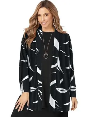 JESSICA LONDON Stretch Knit Topper Black Abstract Petal