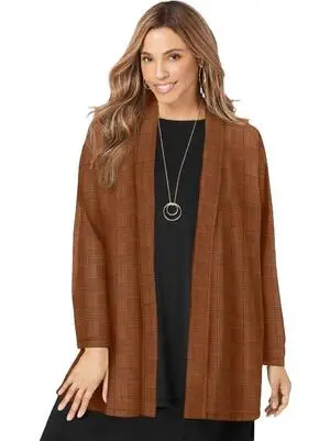 JESSICA LONDON Stretch Knit Topper Cognac Glen Plaid