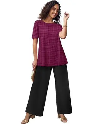 JESSICA LONDON Stretch Knit Boatneck Swing Tunic - Raspberry Mini Houndstooth