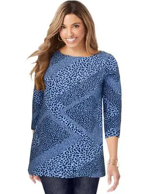 JESSICA LONDON Stretch Cotton Boatneck Tunic - French Blue Animal Patchwork