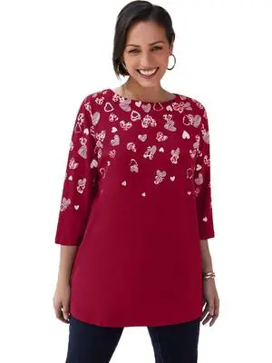 JESSICA LONDON Stretch Cotton Boatneck Tunic - Rich Burgundy Hearts