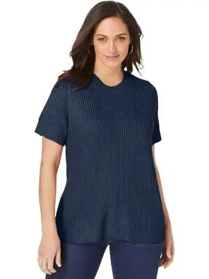JESSICA LONDON Jessica London Shaker Stitch Short Sleeve Tee Navy