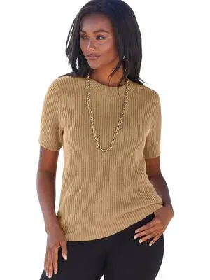 JESSICA LONDON Jessica London Shaker Stitch Short Sleeve Tee Soft Camel