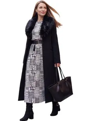 JESSICA LONDON Long Wool Blend Coat With Detachable Faux Fur Shawl Collar - Black