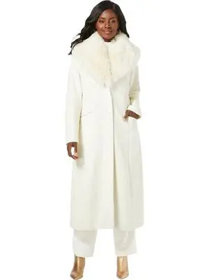 JESSICA LONDON Long Wool-blend Coat With Faux Fur Shawl Collar - Ivory