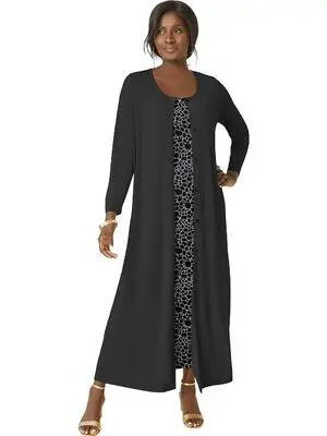 JESSICA LONDON Stretch Knit Duster Set Black Giraffe Print