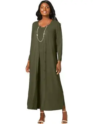 JESSICA LONDON Stretch Knit Duster Set Dark Olive Green