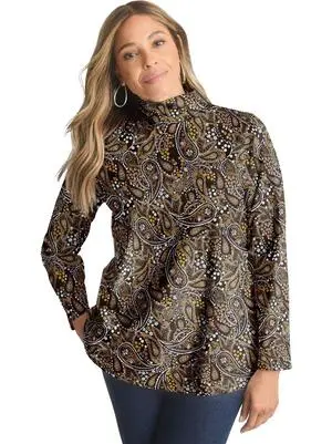 JESSICA LONDON Long Sleeve Mockneck Tee - Brown Garden Paisley