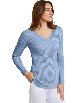 JESSICA LONDON Ribbed V-Neck Sweater Azure Mist