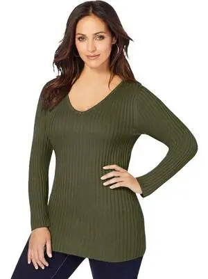 JESSICA LONDON Ribbed V-Neck Sweater Dark Olive Green