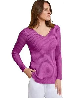 JESSICA LONDON Ribbed V-neck Sweater - Deep Orchid