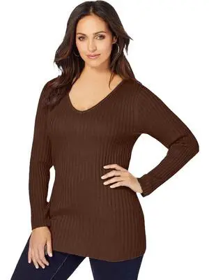 JESSICA LONDON Ribbed V-Neck Sweater Rich Brown