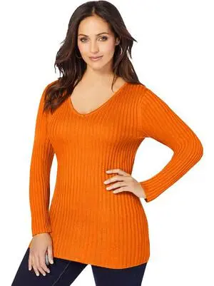 JESSICA LONDON Ribbed V-Neck Sweater Ultra Orange